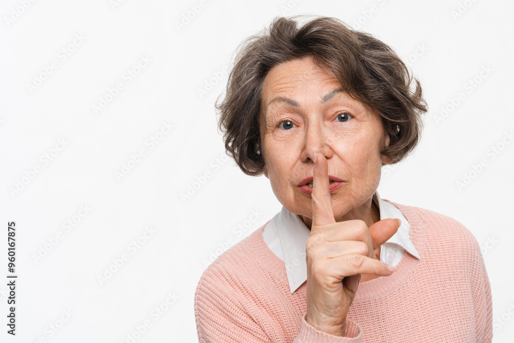 Old mature woman holding finger on lips mouth keep it quiet secret ...