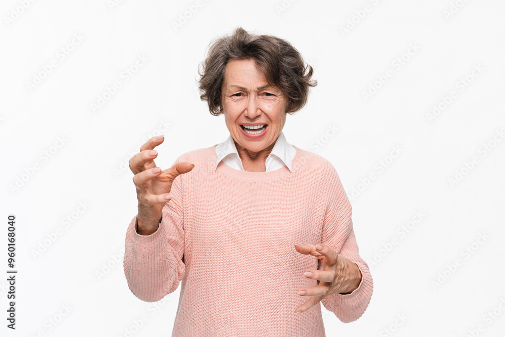 Angry mature woman on white background. Portrait of elderly senior lady ...