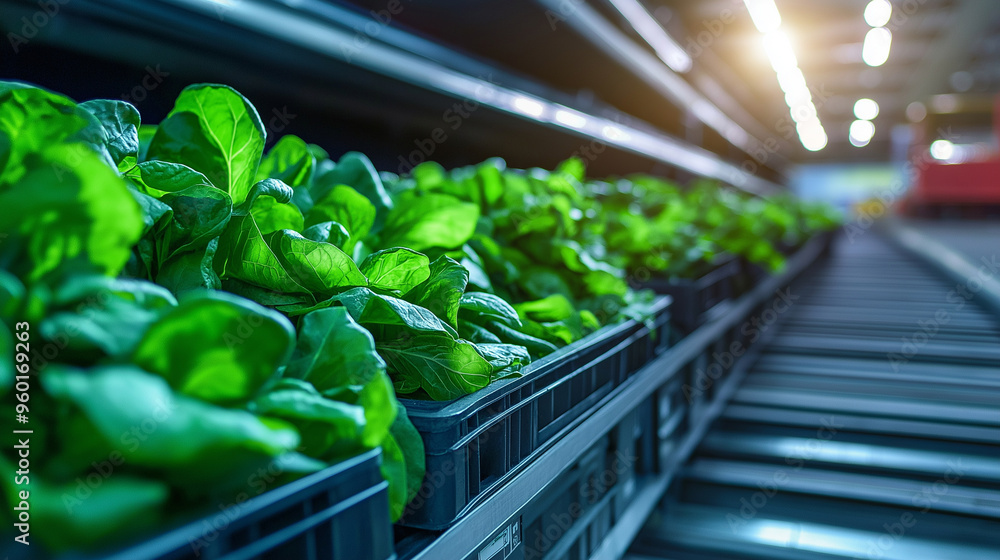 Crates of green leafy vegetables being loaded onto a modern cargo ...