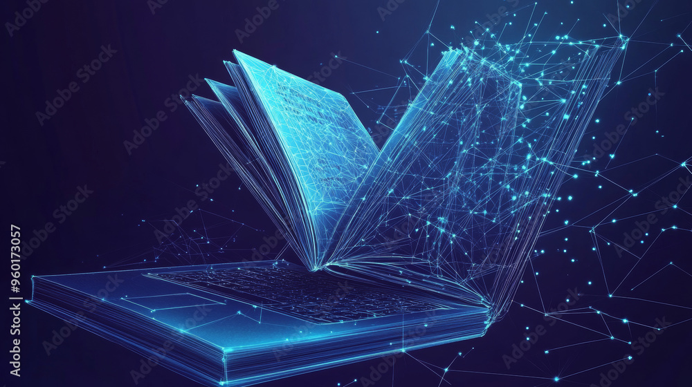 Book and screen. Low poly wireframe depiction against a blue backdrop ...