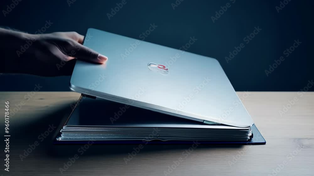 hand gently closing a sleek laptop on a wooden desk, with a modern ...