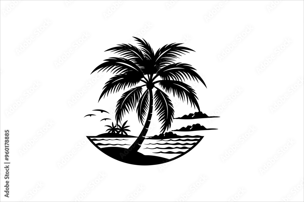 Coastal Coconut Tree Vector Silhouette with Sunset Over the Sea ...
