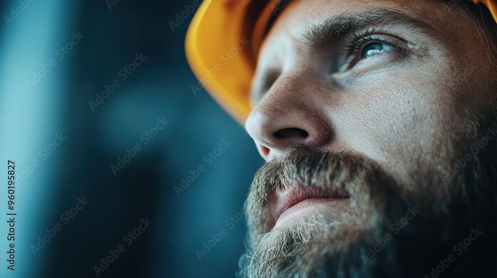 A detailed close-up view of a construction worker wearing a yellow hard ...