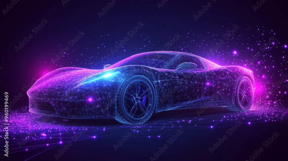 Speed concept. Racing car depicted as a cosmic entity, made up of ...