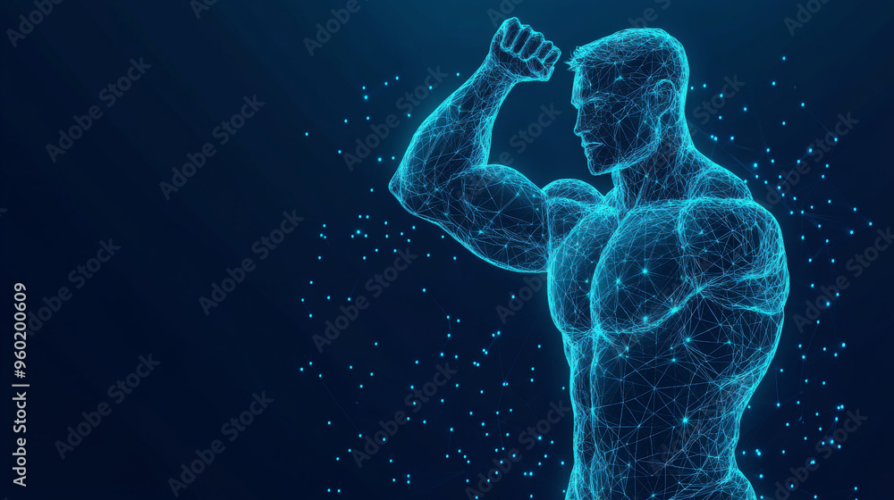 Human strength low poly wireframe banner template. Polygonal physical ...