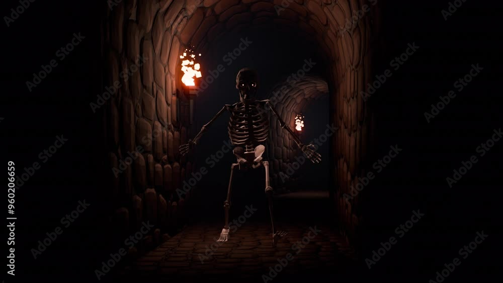 Evil skeleton runs and attacks in medieval dungeon, illuminated by ...