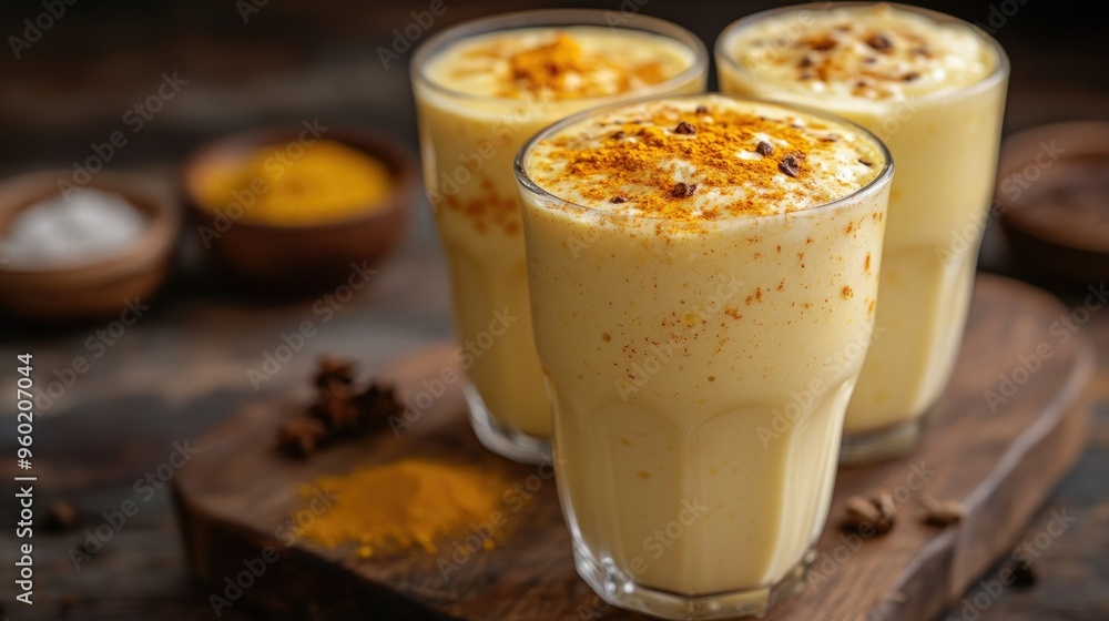 Chilled turmeric lassi in a glass, frothy top with a sprinkle of ...