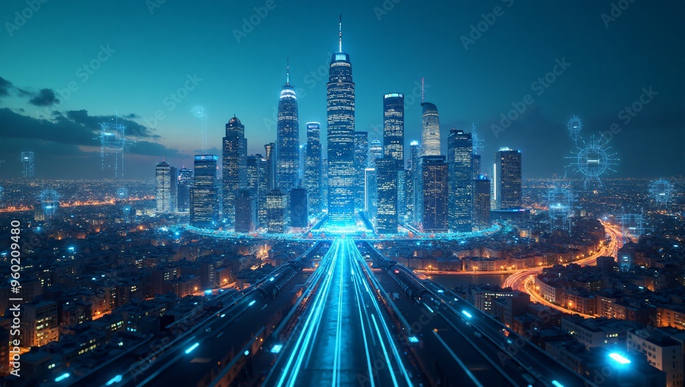 Smart City Concept a futuristic city skyline with digital overlays showing smart grids ...