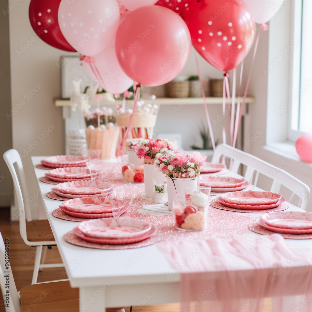 Indoor pink red themed party table setting tablescape balloons flowers ...