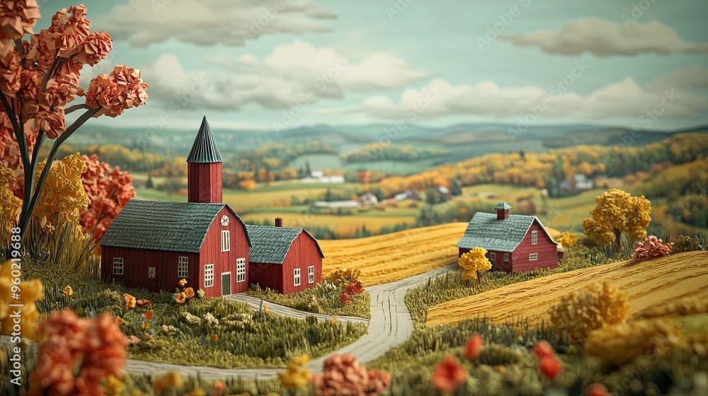 46. A 3D paper art creation with an American rural scene, featuring ...