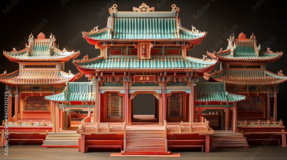 40. A 3D paper art depiction of a Chinese imperial palace, featuring ...