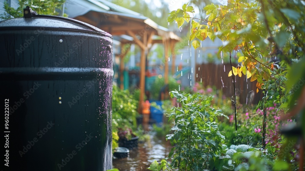 Rainwater collection setup in a garden featuring a large barrel and ...