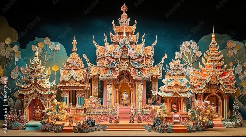 19. A 3D paper art scene with a Thai-inspired temple festival ...