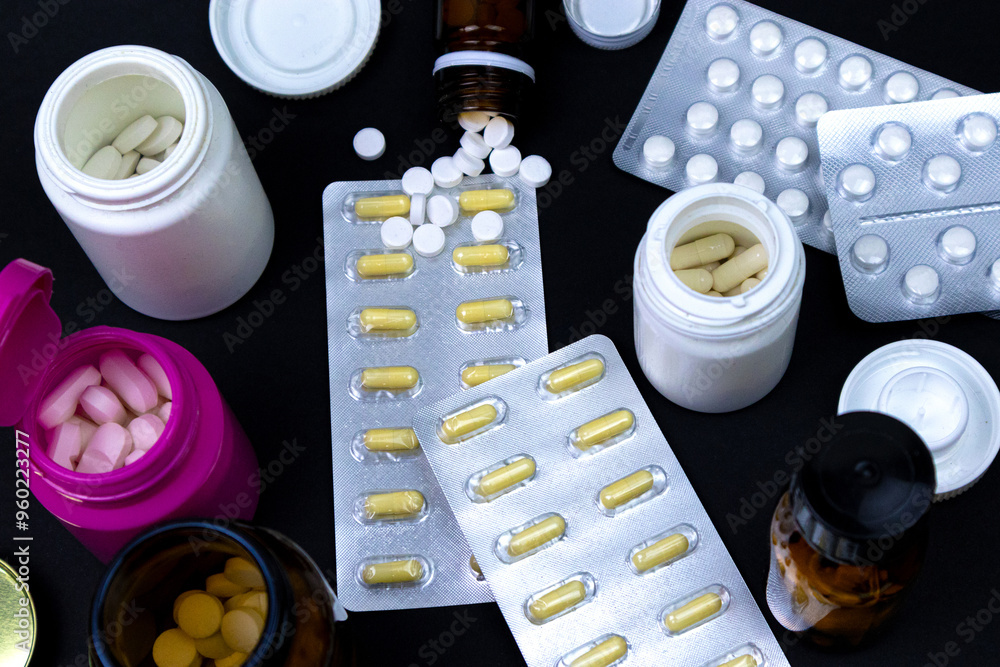 Medical treatment or designer drugs concept. Lots of drugs on black ...