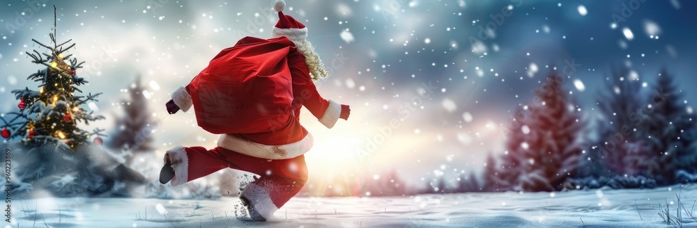 high resolution of santa claus pulling big red bag with white ...