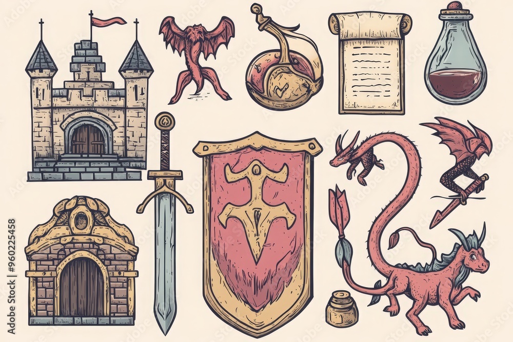 Medieval fantasy elements in a modern flat, line style. Hand-drawn ...