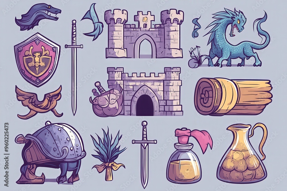 Medieval fantasy elements in a modern flat, line style. Hand-drawn ...
