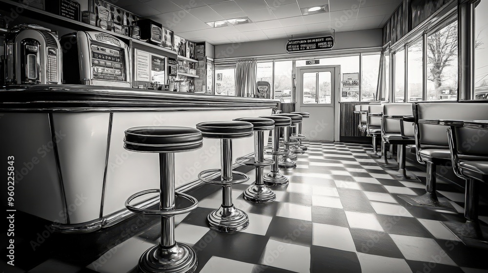 Nostalgic black-and-white photograph of a 1950s American diner ...