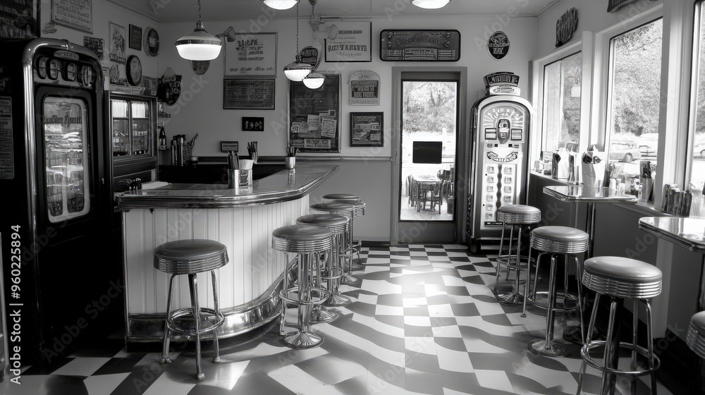 Nostalgic black-and-white photograph of a 1950s American diner ...