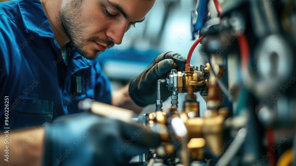 Technician servicing a hydraulic actuator, close-up view of the repair ...