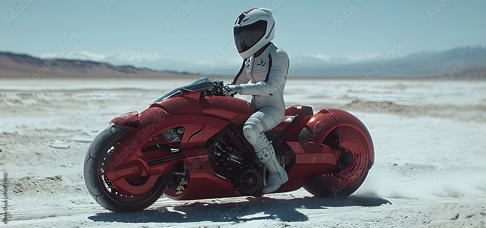 Flying motorcycle of the future Illustration of a sci-fi landscape A ...