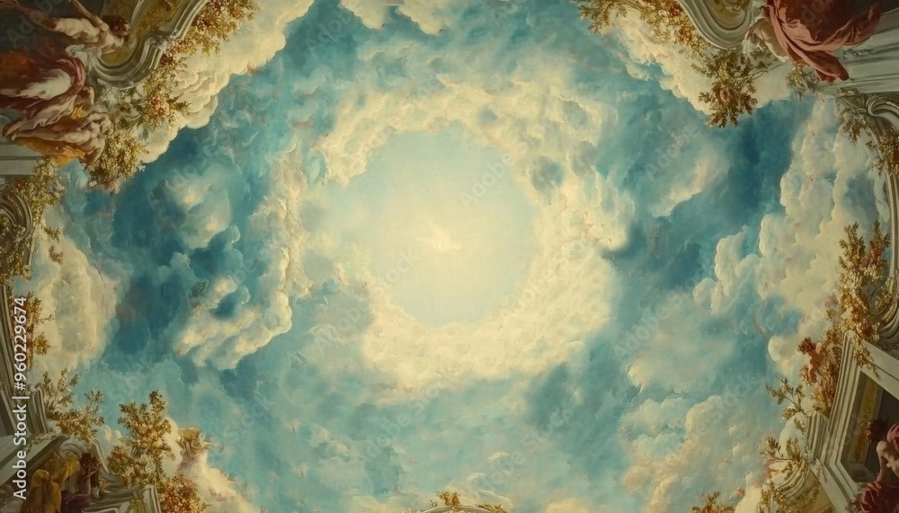Celestial Baroque Masterpiece: Dramatic Blue Sky Ceiling Fresco with ...