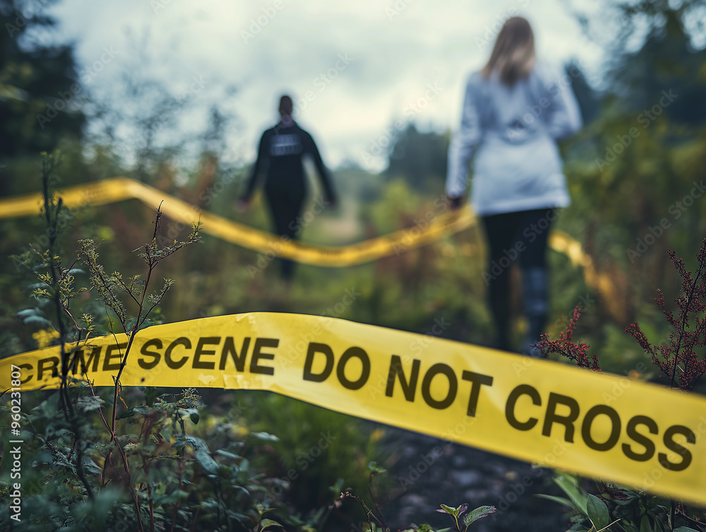 Two people are seen walking away from a crime scene marked with yellow ...
