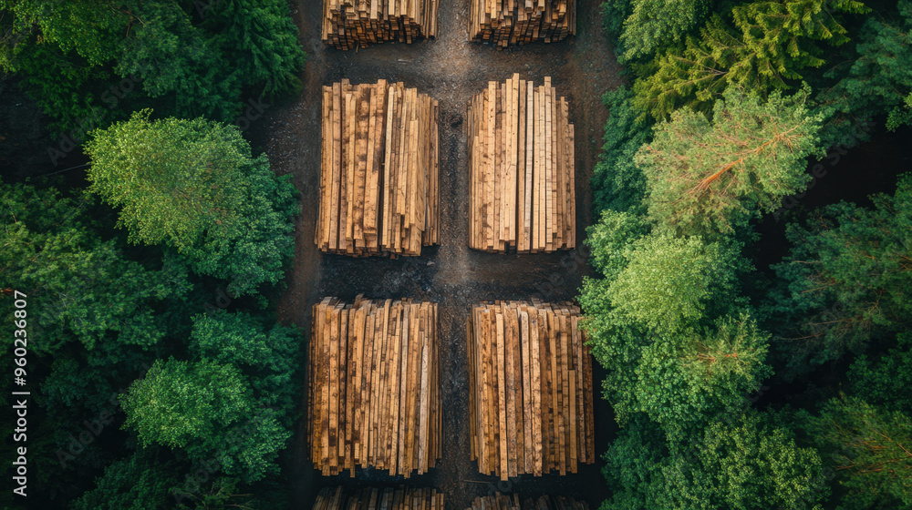 Sustainable Lumber, Stacks of eco-friendly lumber in a forest ...