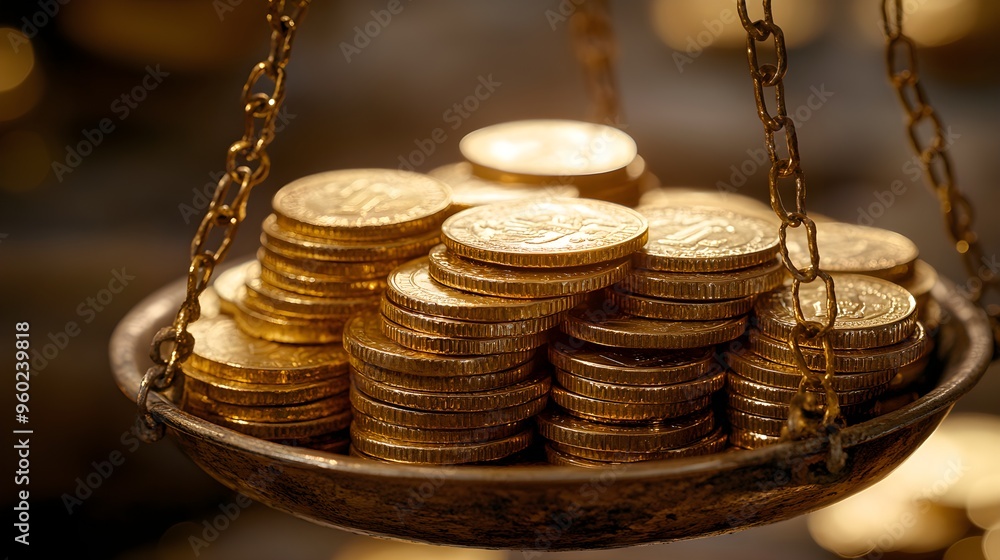Stacks of gold coins carefully balanced on a scale, highlighting the ...