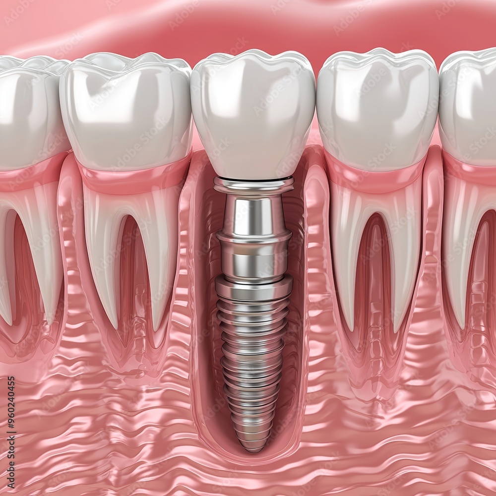 A highly detailed 3D illustration of a dental implant embedded in the ...