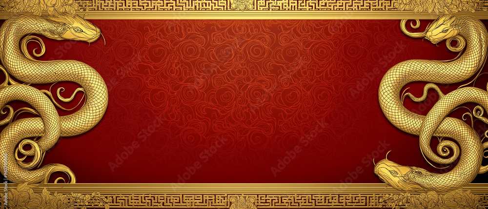 red background with golden snakes, border design, ample space for text ...
