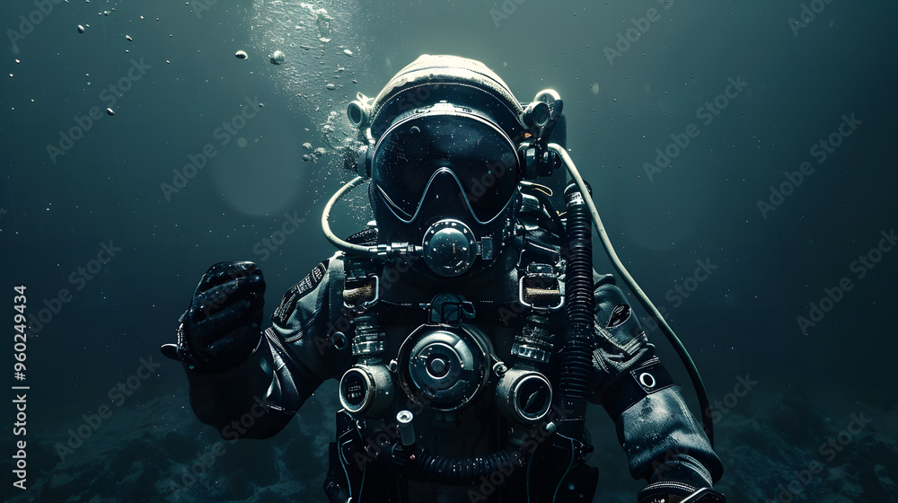 Deep-sea diver in a vintage diving suit with a helmet and gauges ...
