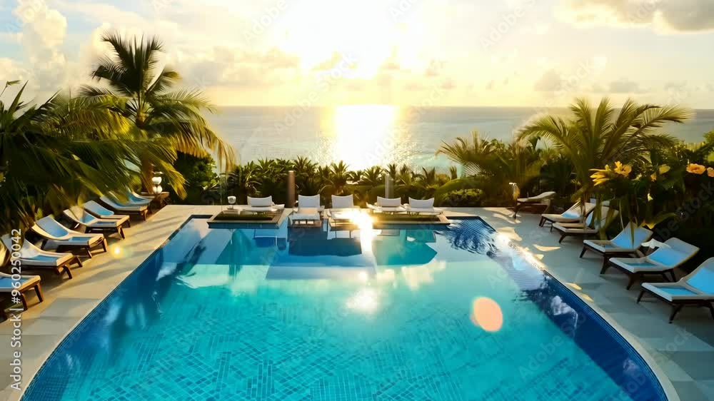 Luxurious swimming pool with an ocean view at an exotic holiday resort ...