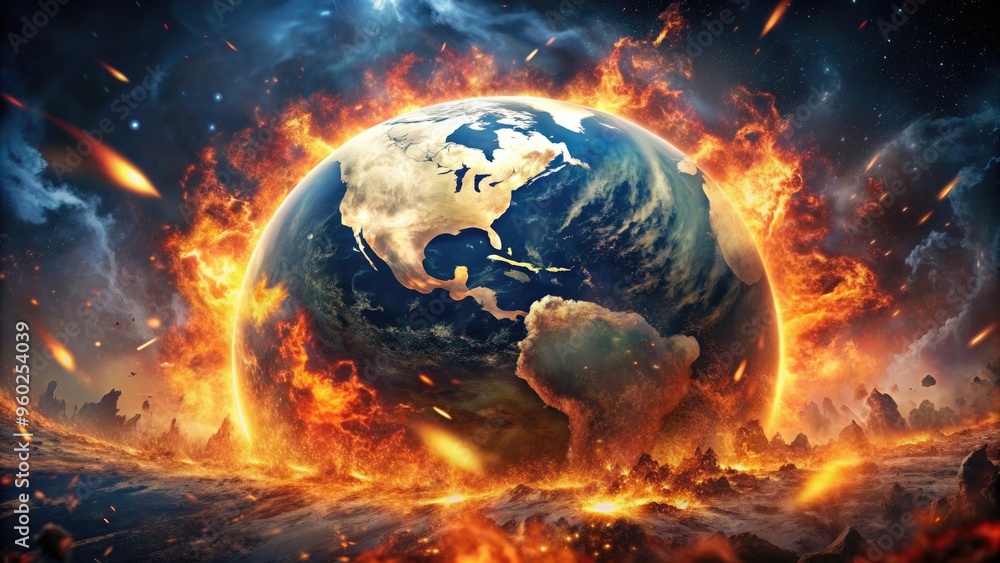 World exploding in chaos with fire and destruction, explosion, chaos ...