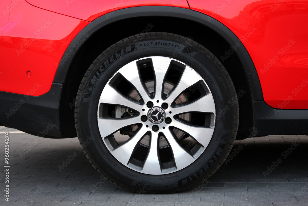 Vinnytsia, Ukraine; September 04, 2024. Red Mercedes-Benz GLC wheel ...