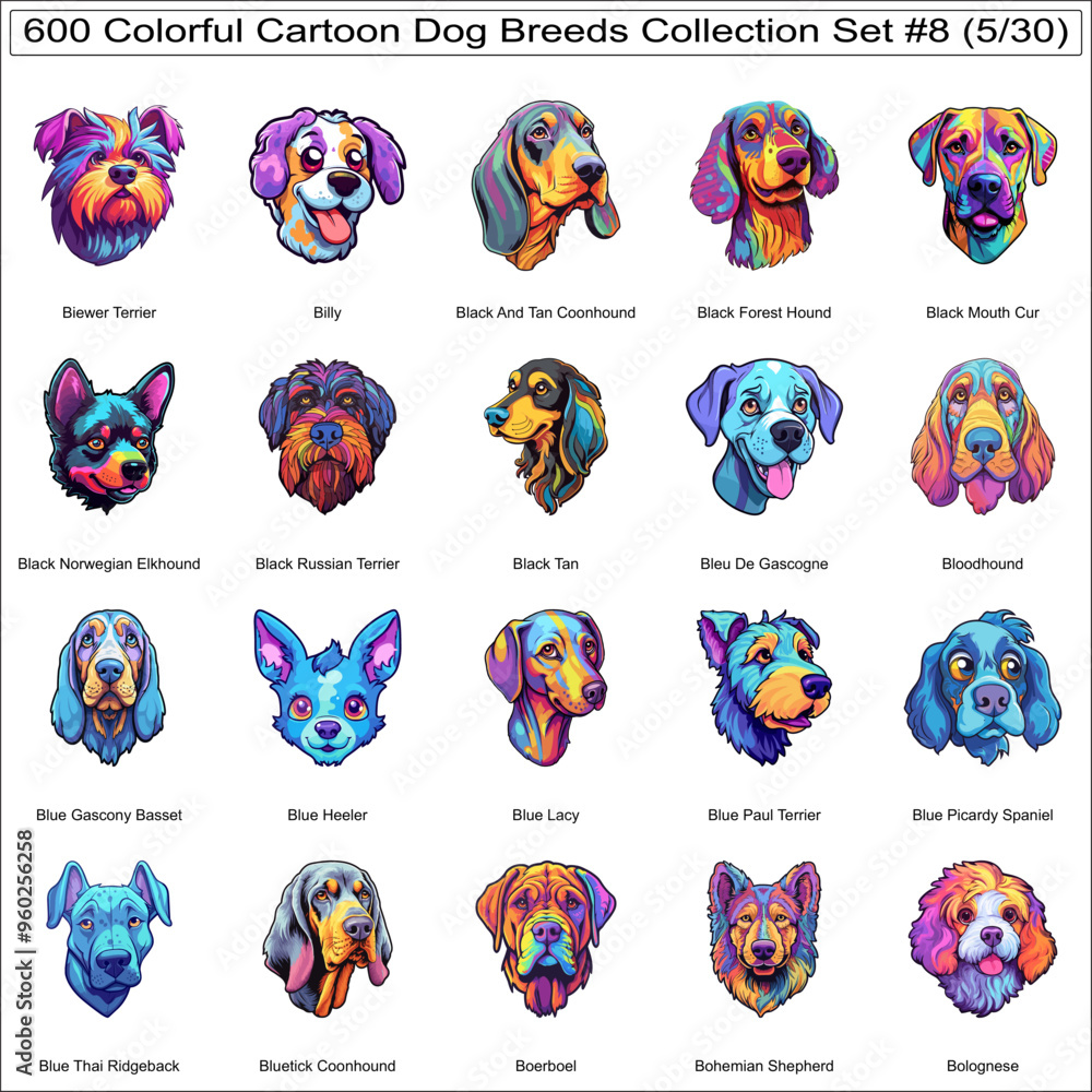 Colorful Dog Breeds Cartoon Characters Sticker Bundle Collection Set 8 ...