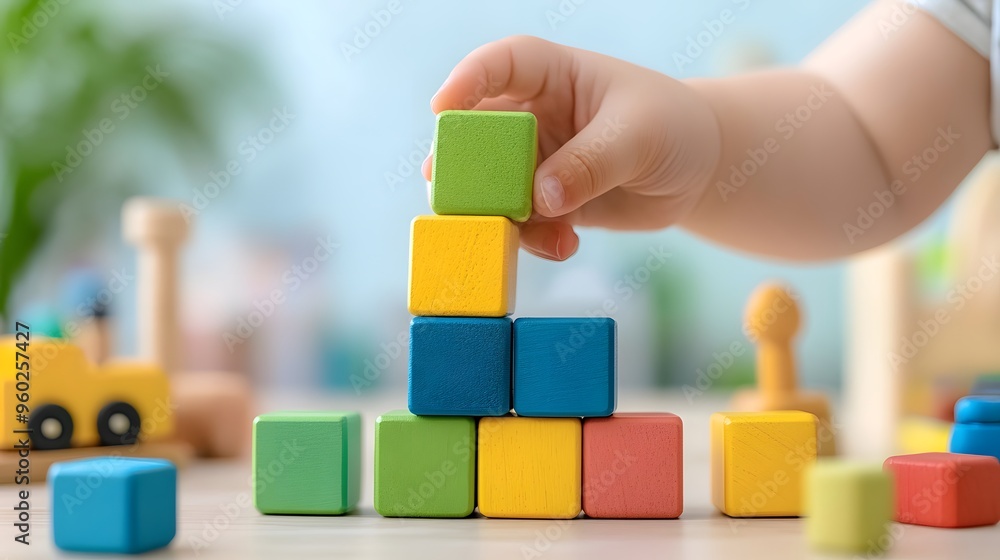 Hand Placing Blocks in a Toy Stack: A hand carefully placing colorful ...