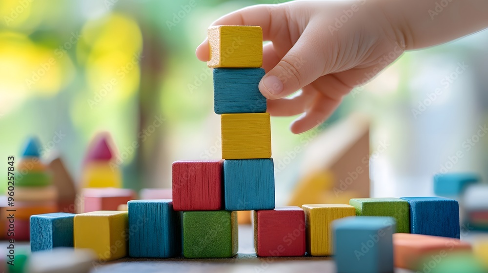 Hand Placing Blocks in a Toy Stack: A hand carefully placing colorful ...