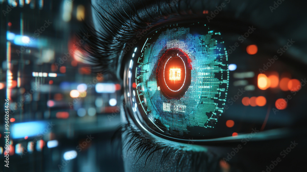 Security access technology featuring a scanner decoding retinal data ... Security access technology featuring a scanner decoding retinal data ...