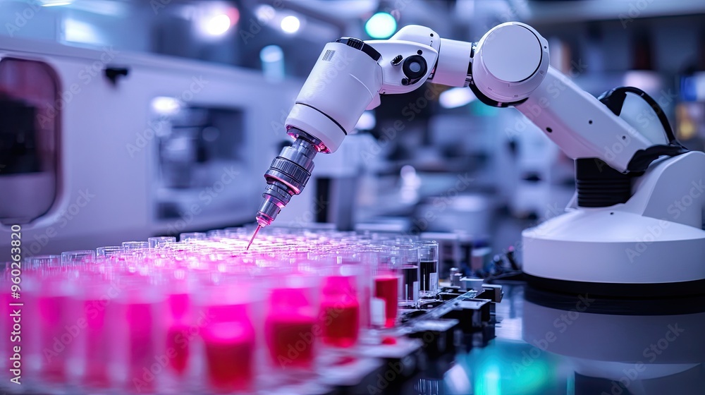 19. Biotech lab with robotic arms manipulating DNA samples, cutting ...