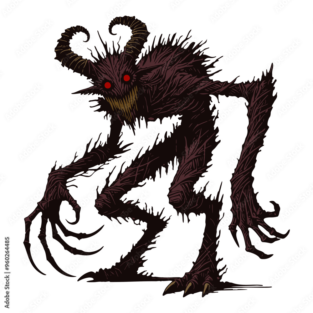 Scary Halloween Demon With Red Glowing Eyes, Large Twisted Horns, Sharp ...
