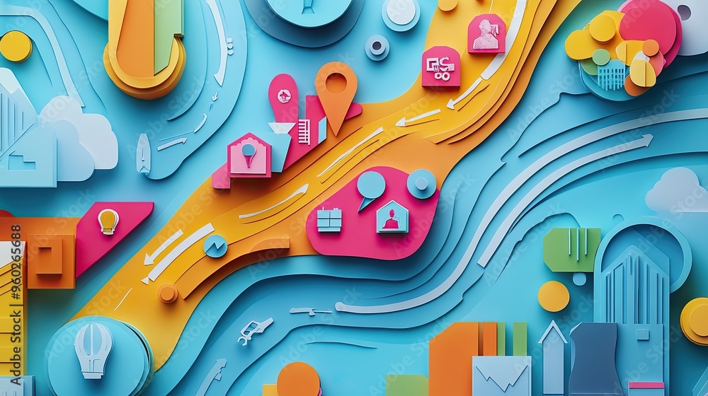 7. A detailed 3D paper cut art illustration of a business plan roadmap ...