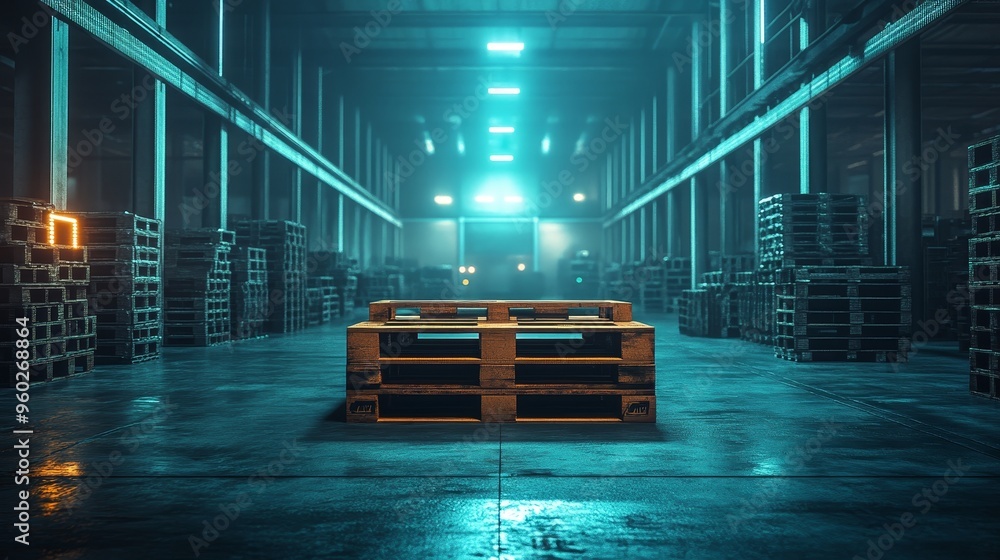 Heavy-duty machinery parts organized on a pallet in a large-scale ...