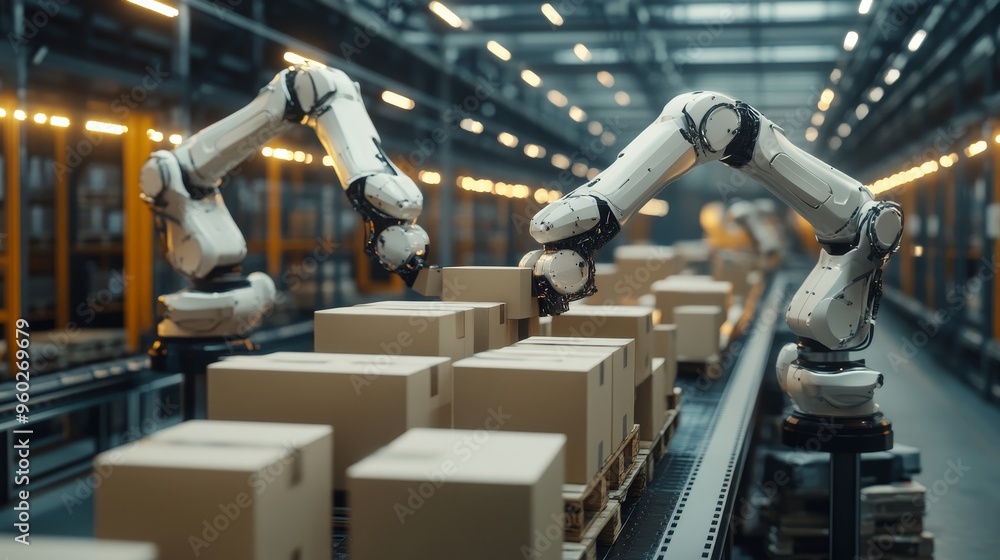 High-tech robot arms swiftly stacking boxes onto a pallet in a fully ...