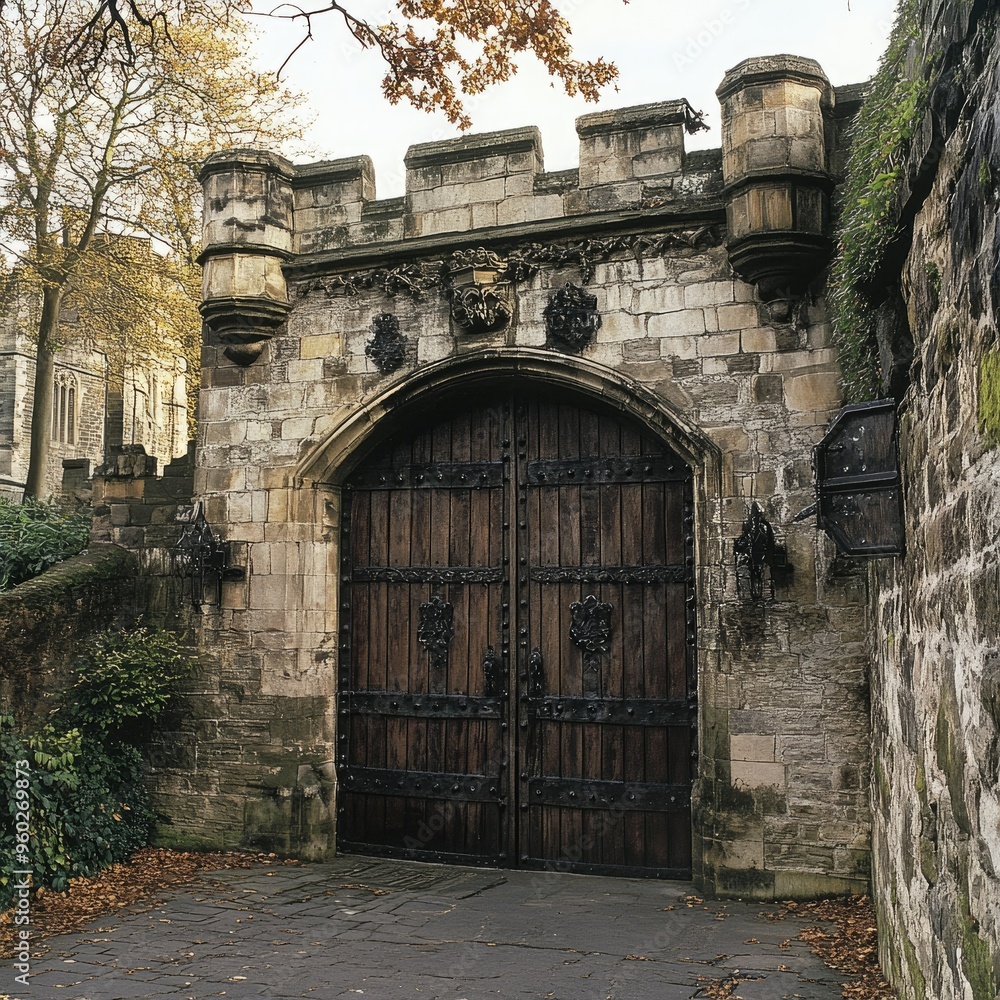 The grand entrance gate of Nottingham Castle, with its ancient wooden ...
