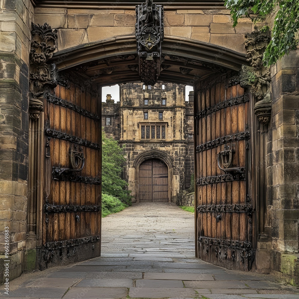 The grand entrance gate of Nottingham Castle, with its ancient wooden ...