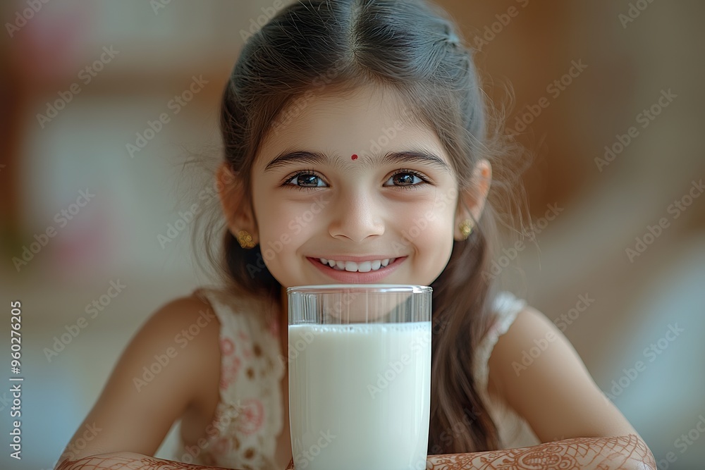 An Indian girl taking a study break sips on a glass of milk balancing ...