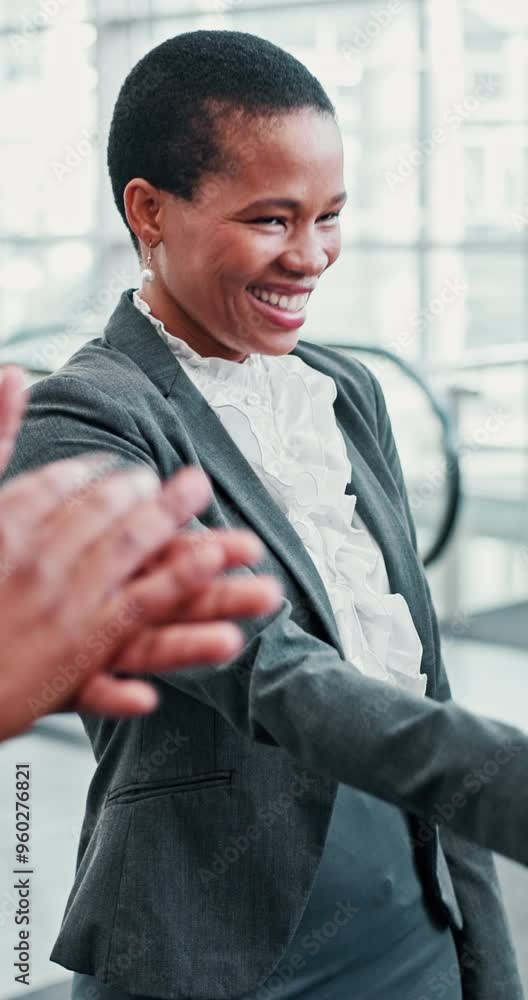 Handshake, applause and hands of business black woman in office for ...