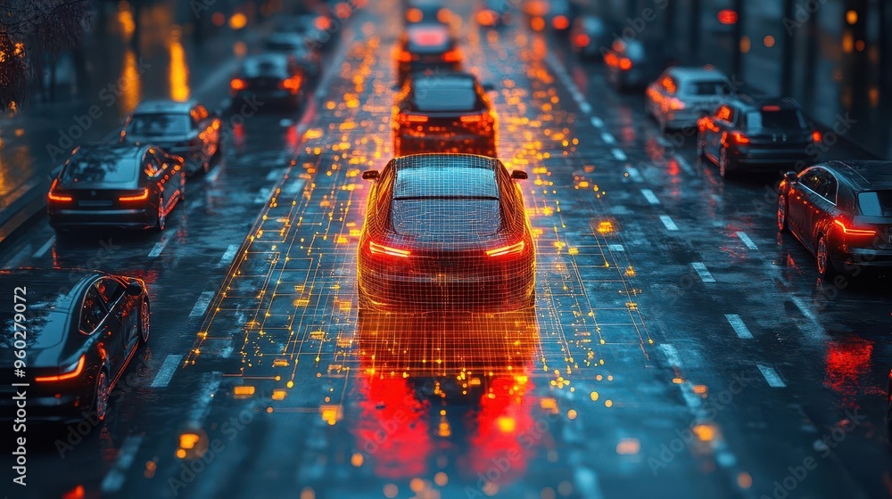 aerial view of smart car parking system futuristic grid overlay showing ...