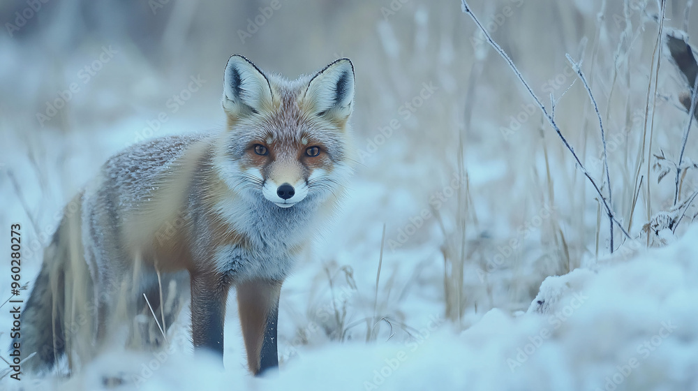 Red fox standing alert in a frosty winter field, surrounded by frozen ...